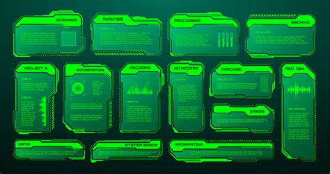 녹색 미래 지향적 hud ui 요소 공상 과학 사용자 인터페이스 텍스트 상자 설명선 경고 메시지 프레임 정보 상자 템플릿입니다