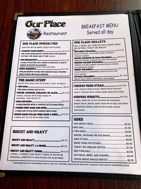 Menu At Our Place Restaurant Ocean Shores