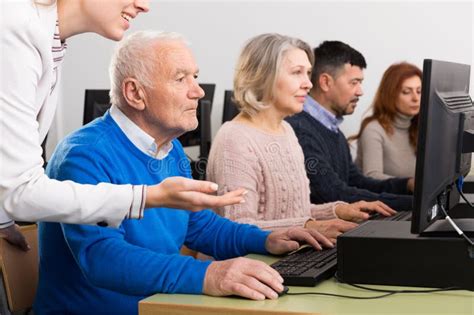 Focused Senior Man During Computer Classes Stock Image Image Of
