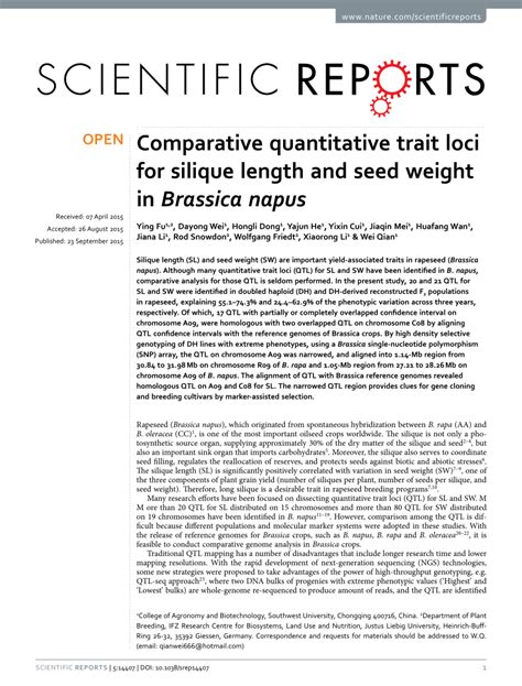 Pdf Comparative Quantitative Trait Loci For Silique Length And Seed Weight In Brassica Napus
