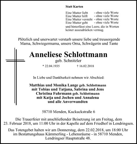 Traueranzeigen Von Anneliese Schlottmann Trauer In Nrwde