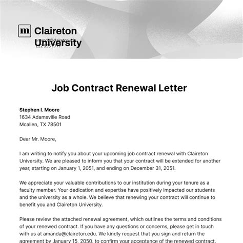 Job Contract Renewal Letter Template Edit Online And Download Example
