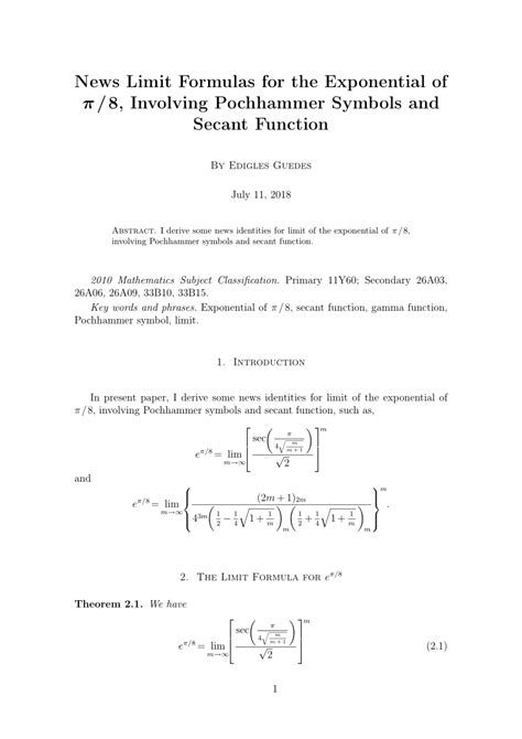Pdf News Limit Formulas For The Exponential Of π 8 Involving Pochhammer Symbols And Secant