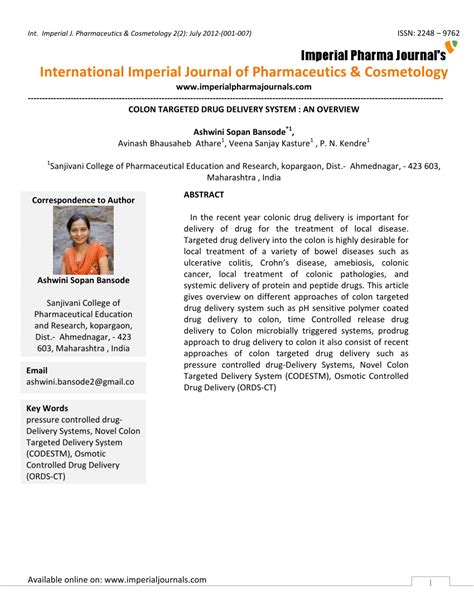 Pdf Colon Targeted Drug Delivery System An Overview