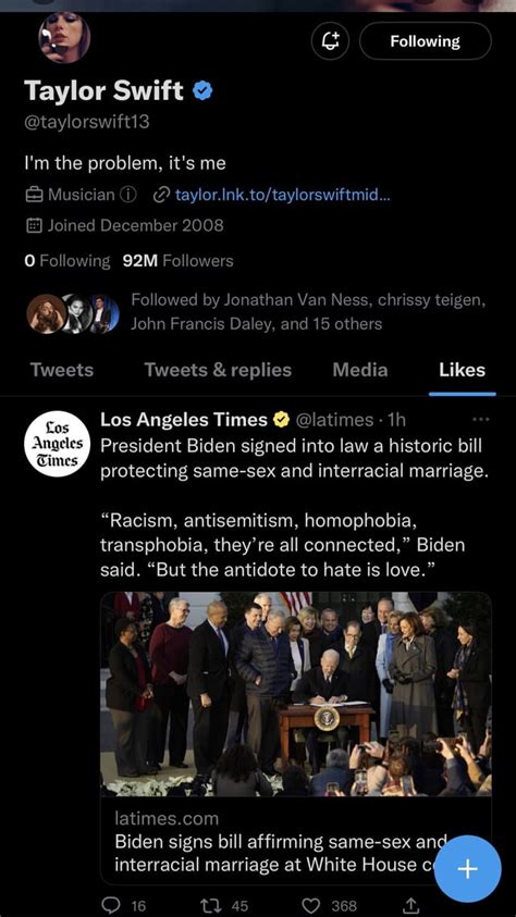 Taylor Likes La Times Tweet “president Biden Signed Into Law A Historic Bill Protecting Same