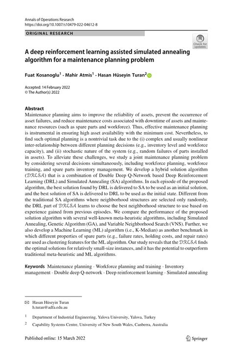 Pdf A Deep Reinforcement Learning Assisted Simulated Annealing Algorithm For A Maintenance