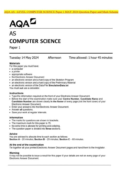 Aqa As Level Computer Science Paper 1 May 2024 Question Paper And Mark Scheme Aqa A Level