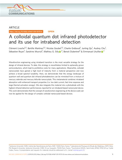 Pdf A Colloidal Quantum Dot Infrared Photodetector And Its Use For Intraband Detection
