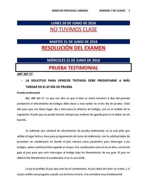 Derecho Procesal Laboral Prueba Testimonial Y Audiencia De Testigos