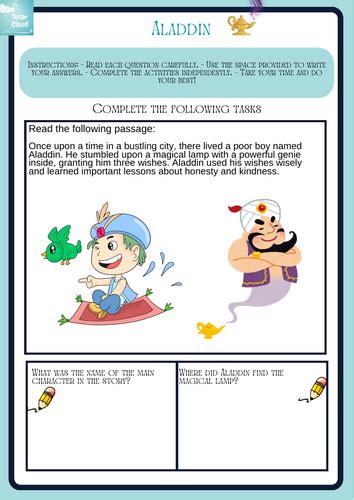Aladdin Comprehension Worksheet Teaching Resources
