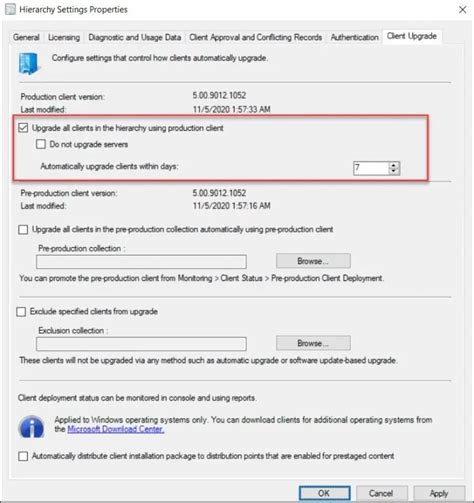 configure sccm automatic client upgrade