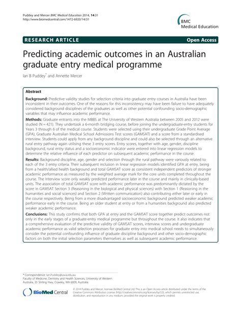Pdf Predicting Academic Outcomes In An Australian Graduate Entry Medical Programme
