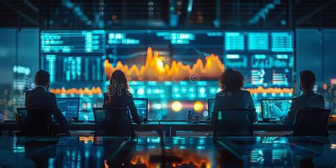 Team Of Professionals Analyzing Financial Data On Large Screens In A