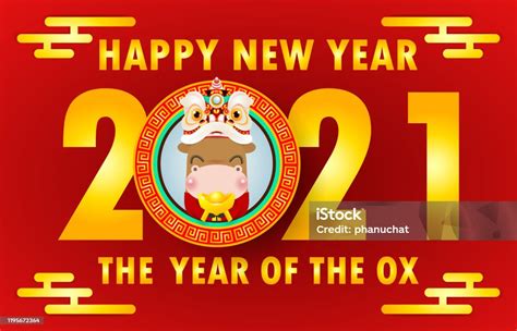 해피 차이나 새해 2021 인사말 카드입니다 작은 황소 들고 중국 금 종이 아트 스타일 황소 조디악 만화 고립 벡터 일러스트레이션의 년 번역 새해의 인사말 2021년에 대한