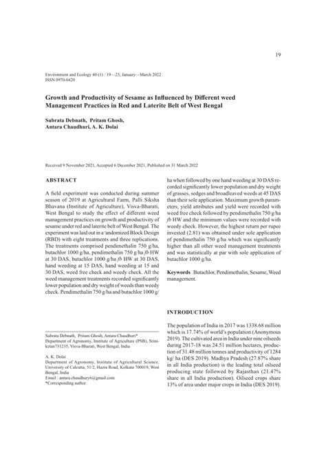 Pdf Growth And Productivity Of Sesame As Influenced By Different Weed Management Practices In