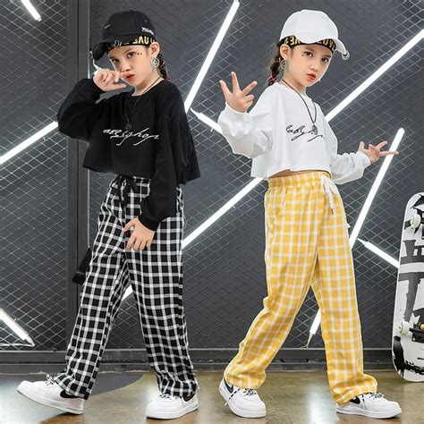 키즈 페스티벌 힙합 의류 크롭탑 긴 소매 스웨트 셔츠 그리드 바지 재즈 댄스 의상 의류 스트리트 파티웨어무도회장