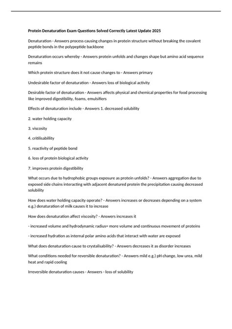 Protein Denaturation Exam Questions Solved Correctly Latest Update 2025