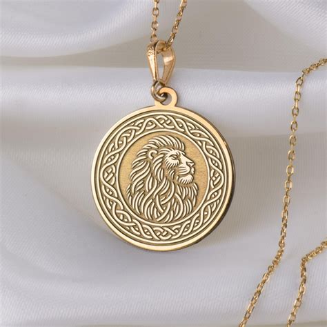 14k Solid Gold Celtic Lion Necklace Lion Head Pendant Strength Symbol