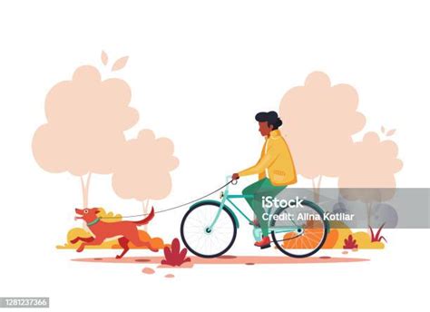 가을 공원에서 개와 함께 자전거를 타는 흑인 남자 건강한 라이프 스타일 야외 활동 컨셉 벡터 그림입니다 가을에 대한 스톡 벡터 아트 및 기타 이미지 Istock
