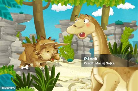공룡 아파 토사 우 루스의 만화 장면 정글에 있는 다른 공룡 들과의 외교관 고대의에 대한 스톡 벡터 아트 및 기타 이미지 고대의 공룡 교육 Istock