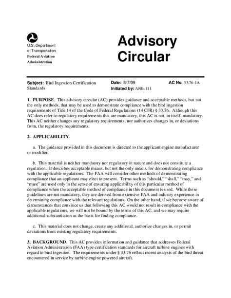 Faa Ac 3376 1a Bird Ingestion Certification Standards Skybrary