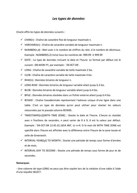 les types de données oracle les types de données oracle offre les