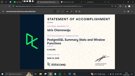 Ive Just Completed The Postgresql Summary Stats And Window Functions Course On Datacamp