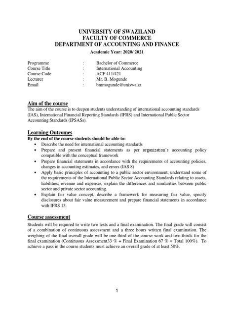 Acf 411ac421 International Accounting Course Outline Pdf International Financial Reporting