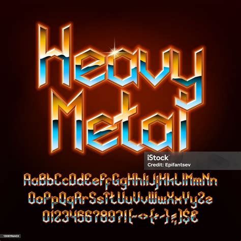 헤비 메탈 알파벳 글꼴 하드 록 스타일의 빛나는 문자 숫자와 문장 부호 대문자 및 소문자 컴퓨터 글자에 대한 스톡 벡터 아트 및