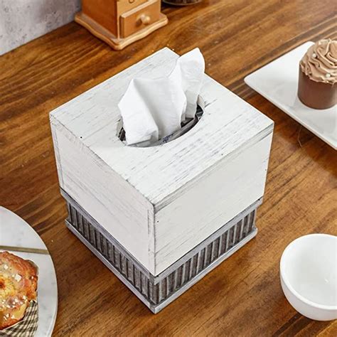 Vintage White And Galvanized Corrugated Metal Facial Tissue Box Cover