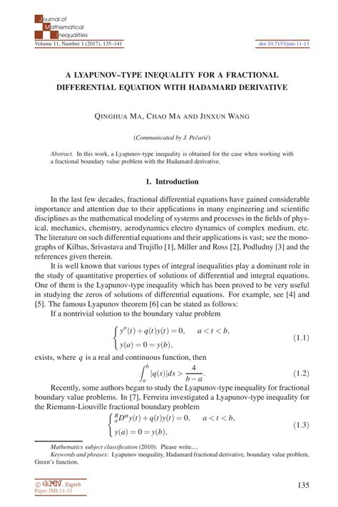 Pdf A Lyapunov Type Inequality For A Fractional Differential Equation With Hadamard Derivative