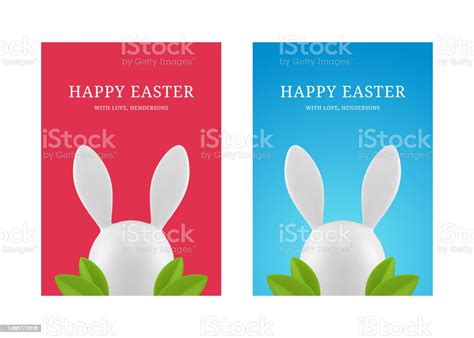 행복 한 부활절 토끼 머리 싸구려 봄 잎 3d 인사말 카드 세트 디자인 서식 파일 현실적인 벡터 3차원 형태에 대한 스톡 벡터 아트 및 기타 이미지 Istock