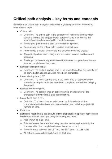 Critical Path Class Handout Critical Path Analysis Key Terms And Concepts Each Term For