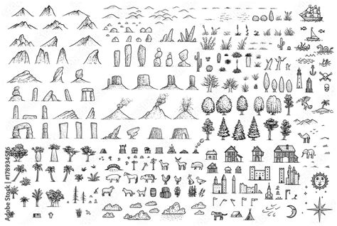 Fantasy Map Elements Illustration Drawing Engraving Ink Line Art
