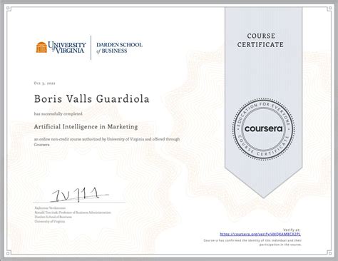 Completion Certificate For Artificial Intelligence In Marketing Coursera University Of Virginia