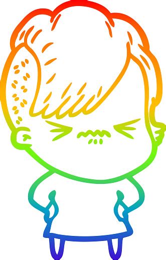 만화 짜증나는 힙 스터 소녀의 무지개 그라데이션 선 그리기 고풍스런에 대한 스톡 벡터 아트 및 기타 이미지 고풍스런 그라데이션 낙서 드로잉 Istock