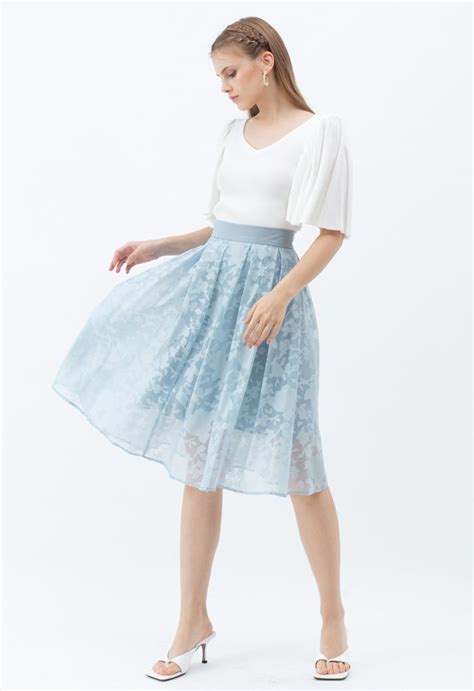 Flower Shadow Organza Pleated Skirt In Blue Retro Indie And Unique