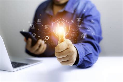 Cyber Security Concept To Protect Information On Internet Network Businessman Scan Fingerprint