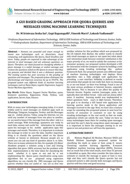 A Gui Based Grading Approach For Quora Queries And Messages Using