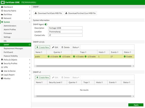 การตั้งค่า snmp ใน fortigate สำหรับส่งข้อมูลไปยัง snmp manager nms