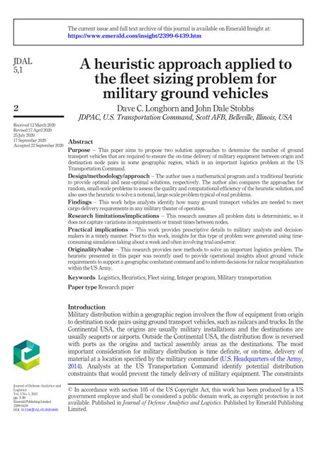 Pdf A Heuristic Approach Applied To The Fleet Sizing Problem For Military Ground Vehicles