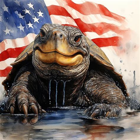 Resilience And Pride Snapping Turtle Meets The American Flag In Watercolor Stock Illustration