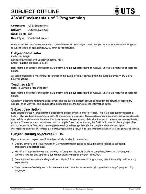 Fundamentals Of C Programming Subject Outline 48430 Fundamentals Of C