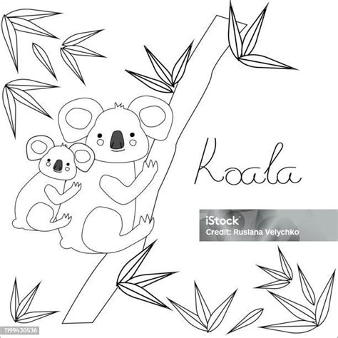 색칠 공부를위한 유칼립투스와 만화 스타일의 귀여운 캐릭터 어머니 코알라와 아기 어린이를위한 인쇄 또는 포스터 디자인 색칠 공부 인사말 카드 아기 요리와 옷 코알라에 대한