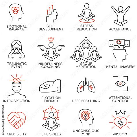 Vector Set Of 16 Linear Icons Related To Mindfulness Awareness Consciousness And Mental