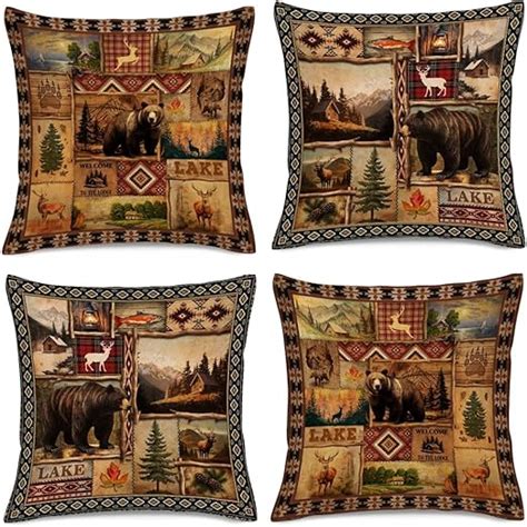Hikenviu Vintage Rustic Lodge Bear Pillow Covers 18x18 Set