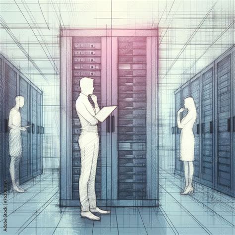 sketch of server rack cluster in a data center with generative ai