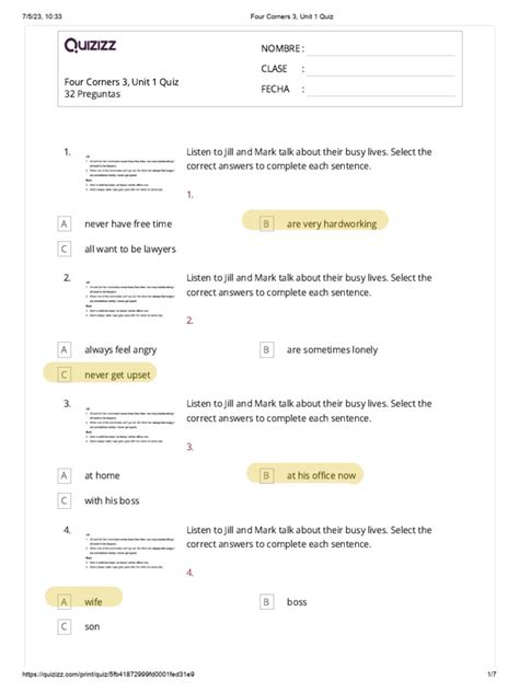 four corners 3 unit 1 quiz solucion pdf