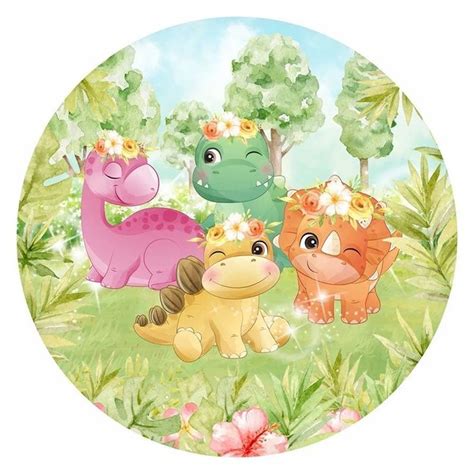 Cute Bright Cartoon Dinosaur Round Birthday Backdrop Kit Dinosaurus