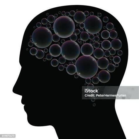 판타지 꿈 지 쳤 다 혼란 우울증 치 매 또는 스트레스에 대 한 상징으로 인간의 머리 속에 뇌 대신의 비누 거품 벡터 일러스트 레이 션 검은 배경에 고립 뇌에 대한 스톡